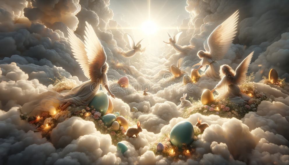Illustration of Easter Scene in Paradise with Angels, Easter Bunny ...