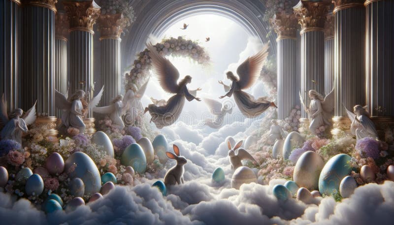Illustration of Easter Scene in Paradise with Angels, Easter Bunny ...
