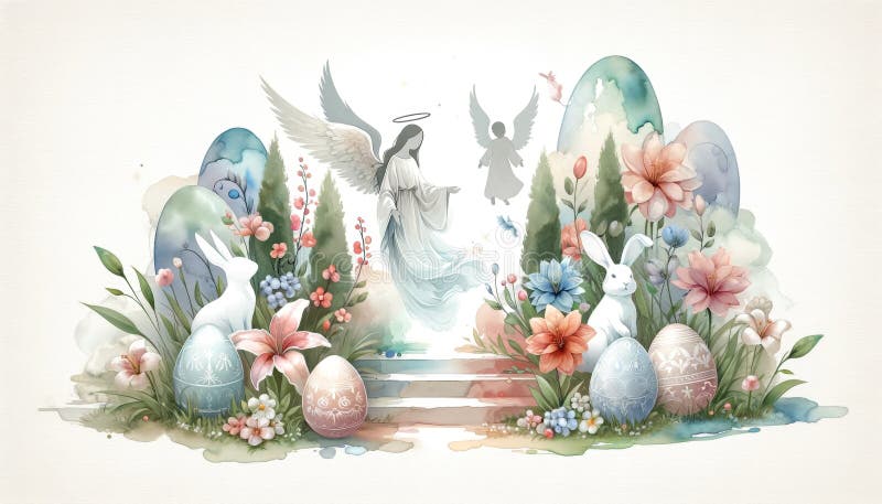 Illustration of Easter Scene in Paradise with Angels, Easter Bunny ...