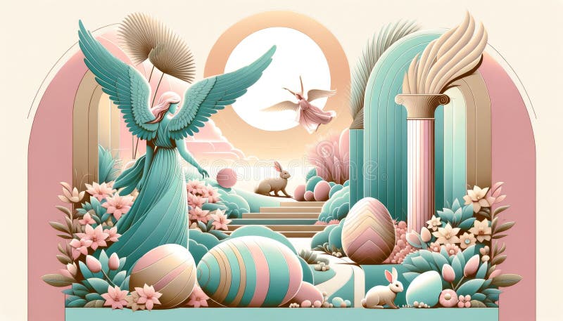 Illustration of Easter Scene in Paradise with Angels, Easter Bunny ...