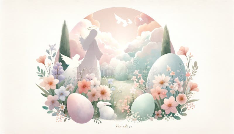 Illustration of Easter Scene in Paradise with Virgin Mary, Easter Bunny ...