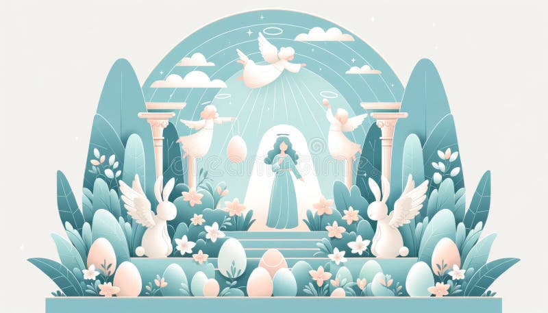 Illustration of Easter Scene in Paradise with Virgin Mary, Easter Bunny ...