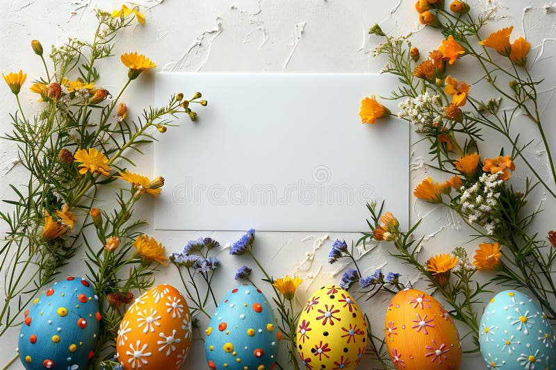 Easter Theme Background with a Blank White Card for Text, Decorated ...