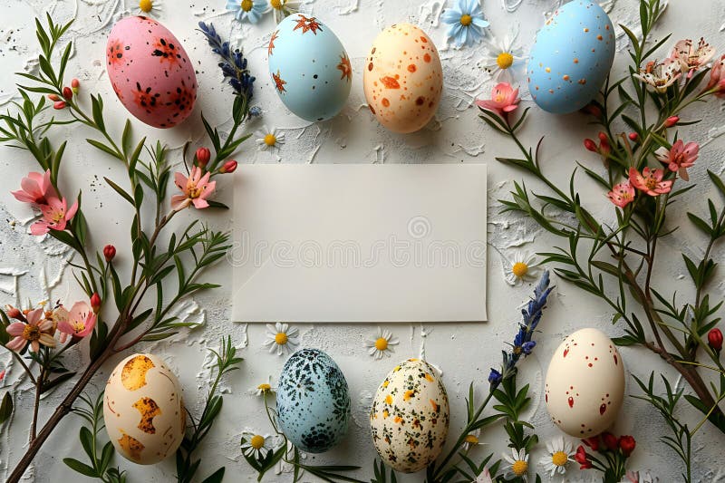 Easter Theme Background with a Blank White Card for Text, Decorated ...