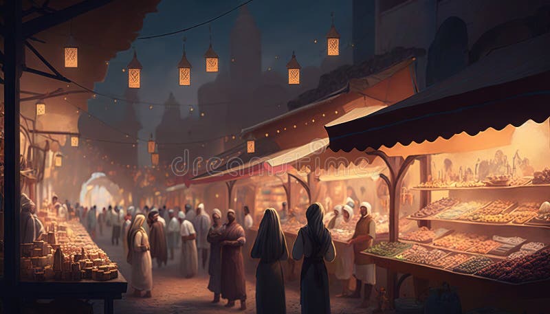 Illustration of Eastern Busy Bazaar in the Evening. Open Shop and ...