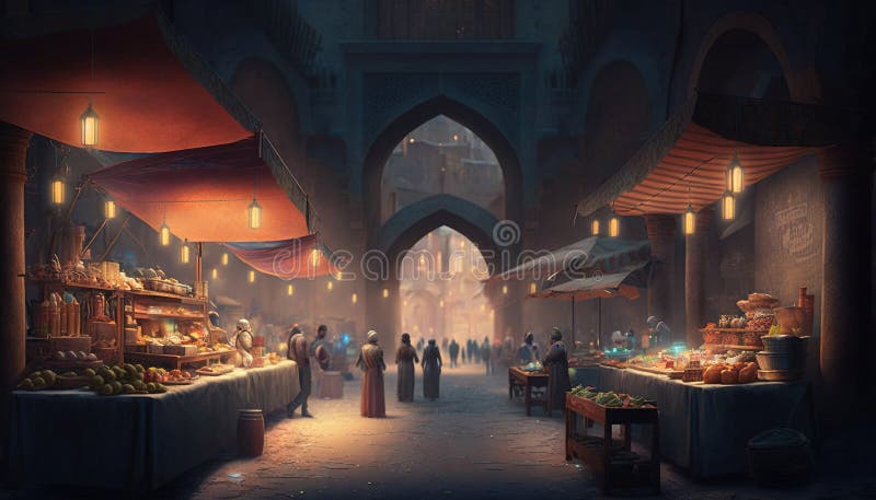 Illustration of Eastern Busy Bazaar in the Evening. Open Shop and ...