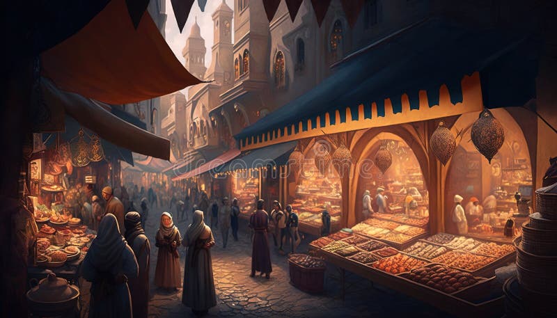 Illustration of Eastern Busy Bazaar in the Evening. Open Shop and ...