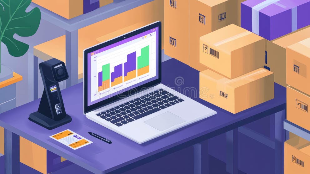 Illustration of an Ecommerce Logistics Desk with Laptop Showing Sales ...