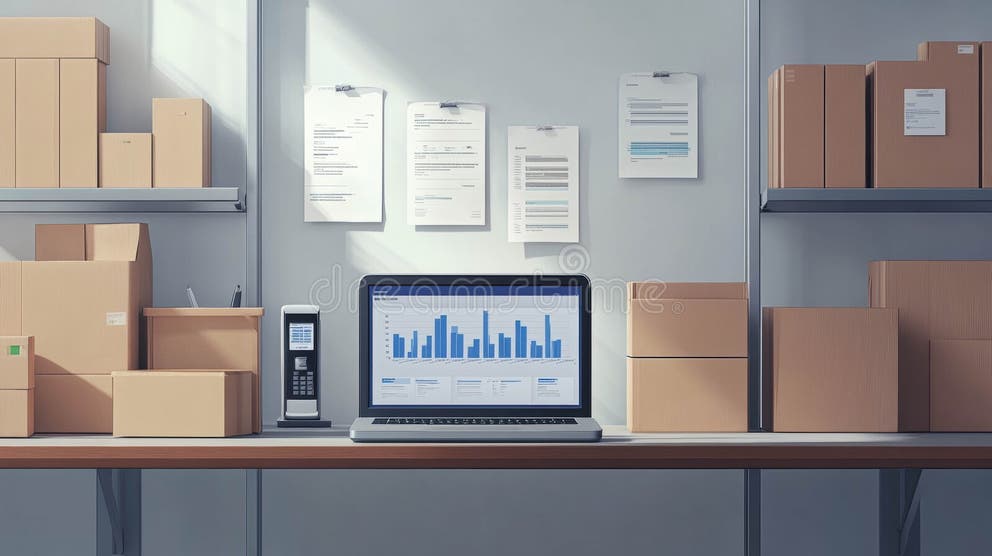 Illustration of an Ecommerce Logistics Desk with Laptop Showing Sales ...