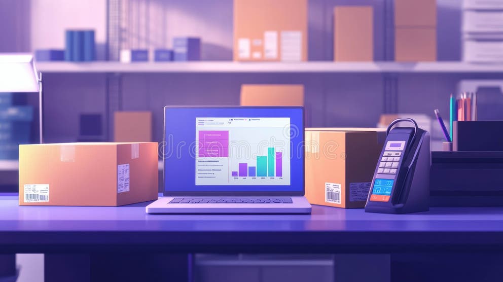 Illustration of an Ecommerce Logistics Desk with Laptop Showing Sales ...
