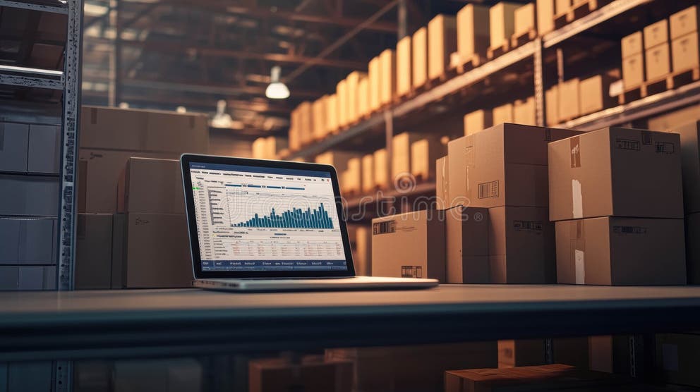 Illustration of an Ecommerce Logistics Desk with Laptop Showing Sales ...