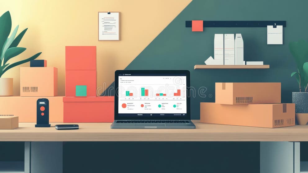 Illustration of an Ecommerce Logistics Desk with Laptop Showing Sales ...