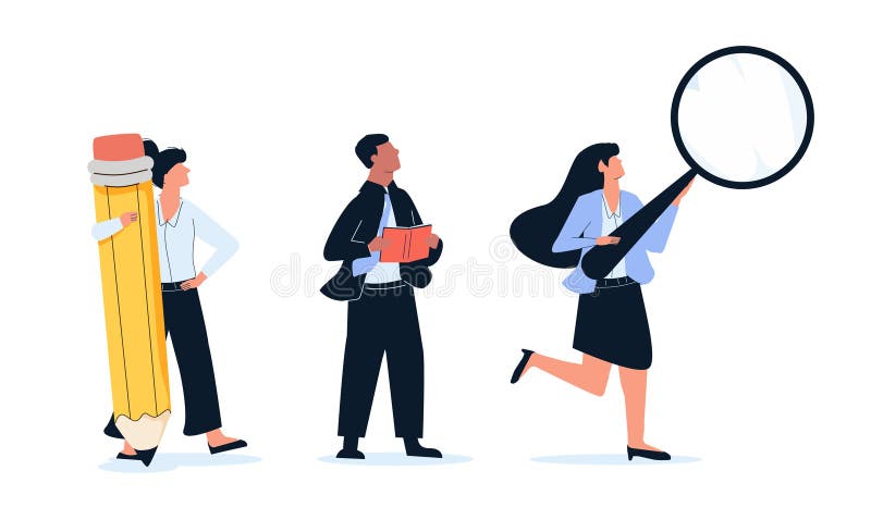 Illustration about Education. Students Holding Pencils and Magnifier ...