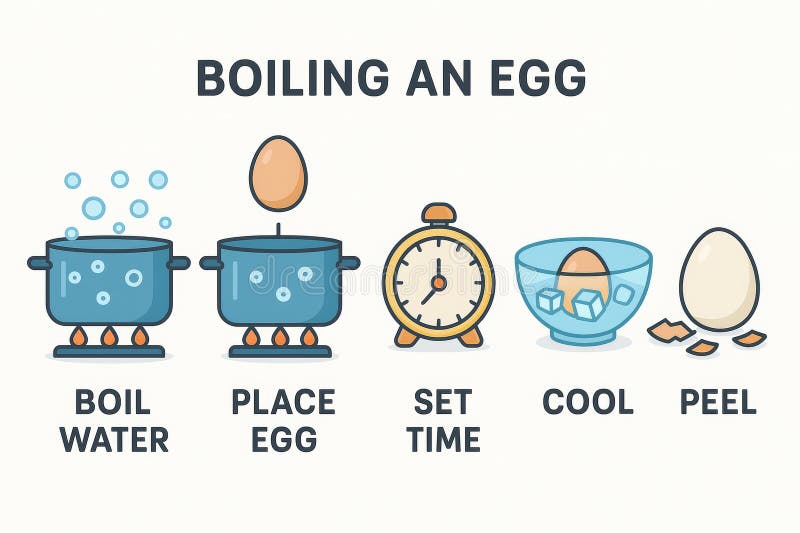 Illustration of Egg Boiling Process with Steps: Boil Water, Place Egg ...