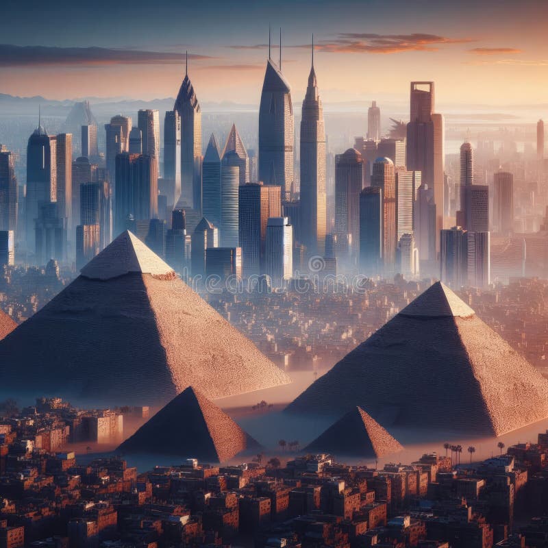 Illustration of Egyptian Pyramids Against the Backdrop of a Large City ...