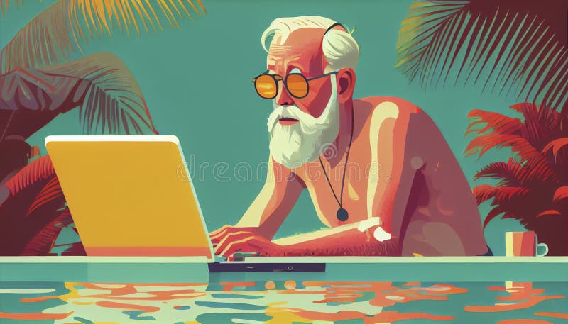 Illustration of Elderly Man with Laptop by the Pool, Generative Ai ...