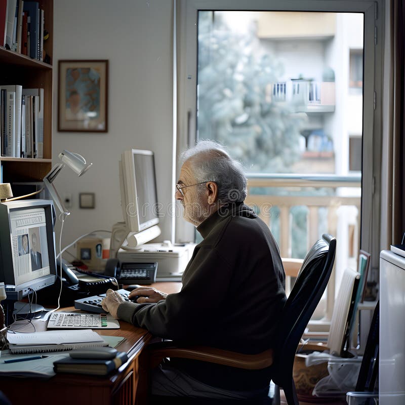 Illustration of an Elderly Man Using a Computer at Home Stock ...