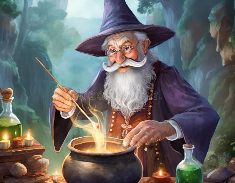 Enchanting Wizard Conjuring Magic Potion in Forest Stock Illustration ...