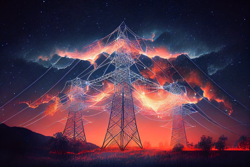Illustration of Electrical Wires at Night with Starry Sky. Generative ...