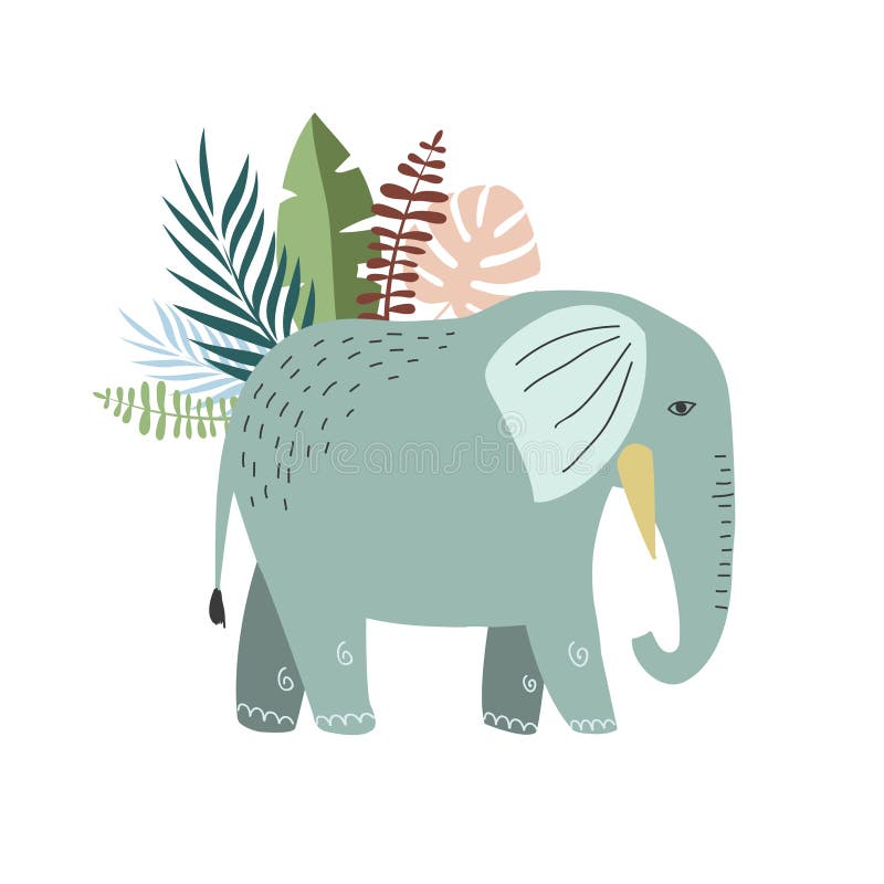 Illustration of an Elephant with Plants. Vector Flat Doodle Animals in ...