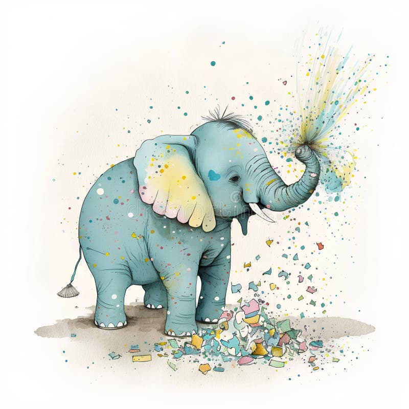 Illustration of an Elephant Playing with Colorful Confetti on White ...