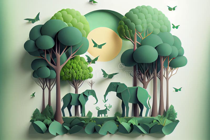 Illustration of Elephants in Green Trees Forest,Creative Origami Design ...