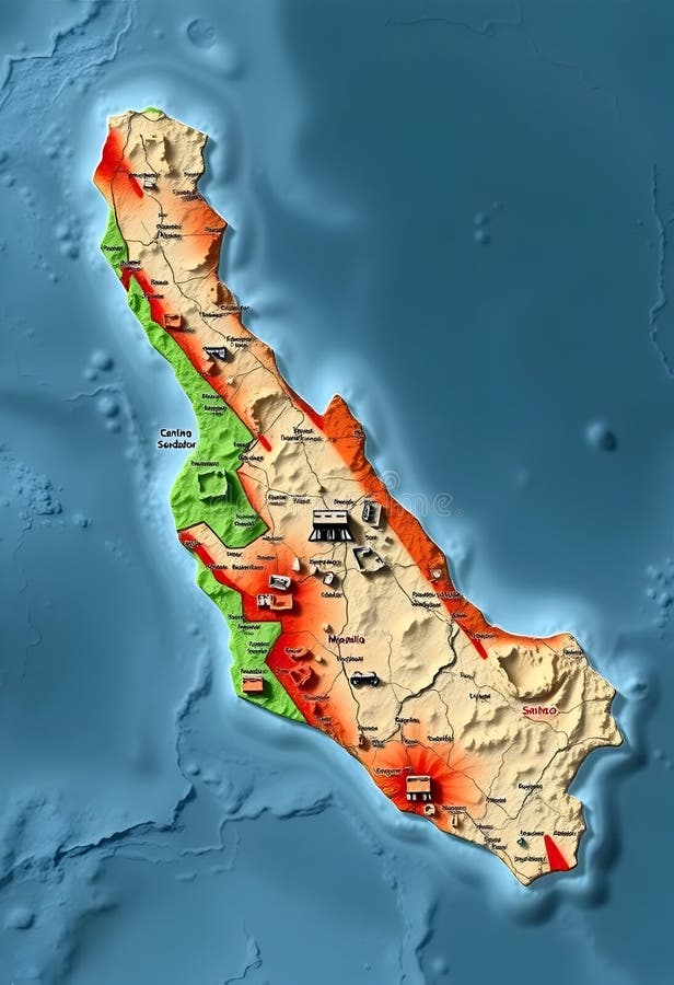 Illustration of Elevated Island Map with Landmarks and Coastal Features ...
