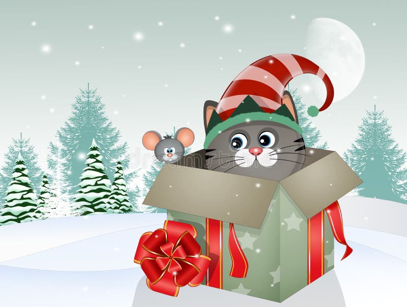 Illustration of Elf Cat with Gift Box Ilustração Stock - Ilustração de ...