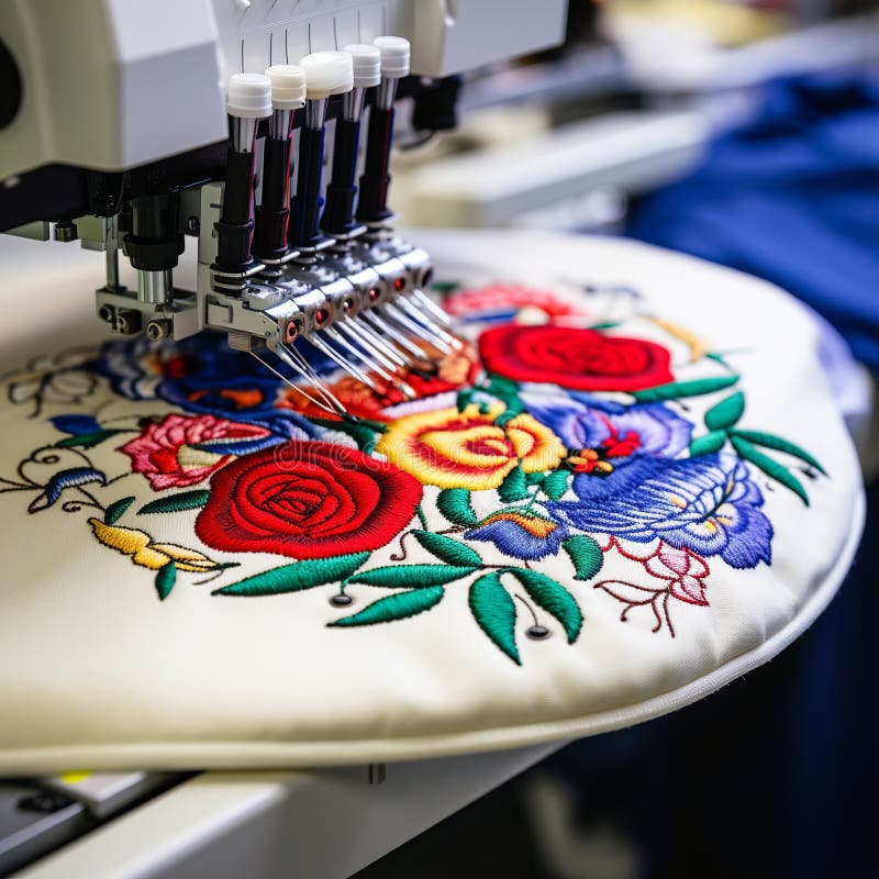 Illustration of Embroidered Cap and Embroidery Machine Close Up ...