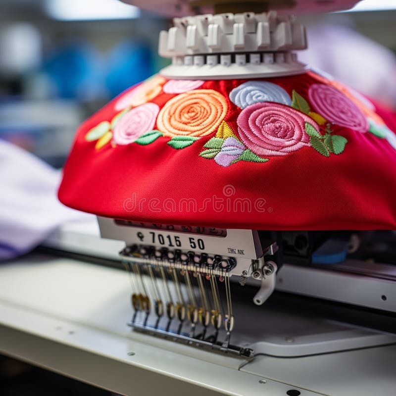Illustration of Embroidered Cap and Embroidery Machine Close Up ...