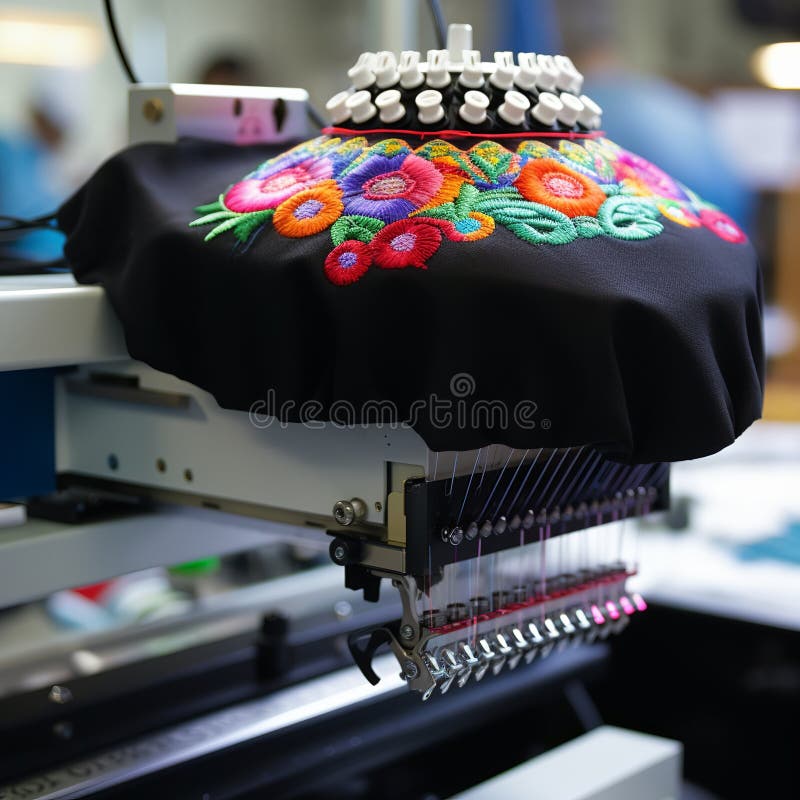 Illustration of Embroidered Cap and Embroidery Machine Close Up ...