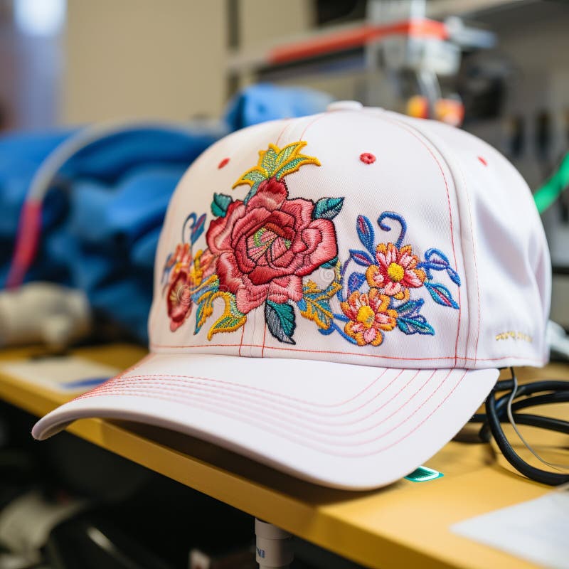Illustration of Embroidered Cap and Embroidery Machine Close Up ...