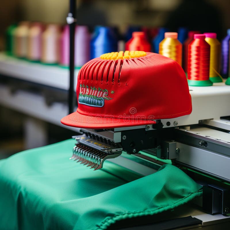 Illustration of Embroidered Cap and Embroidery Machine Close Up ...