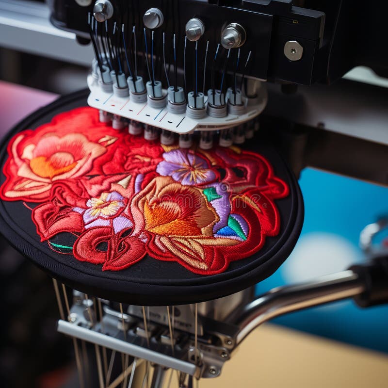 Illustration of Embroidered Cap and Embroidery Machine Close Up ...