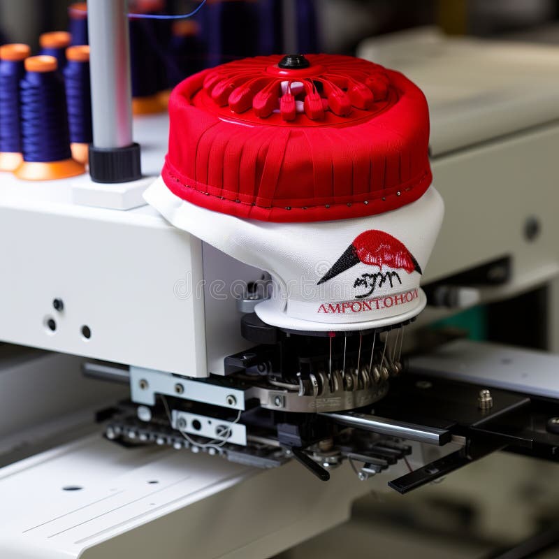 Illustration of Embroidered Cap and Embroidery Machine Close Up ...