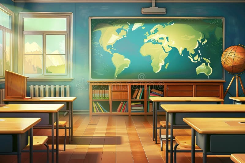 Illustration Empty Classroom with Desks, a World Map, and a Globe in ...