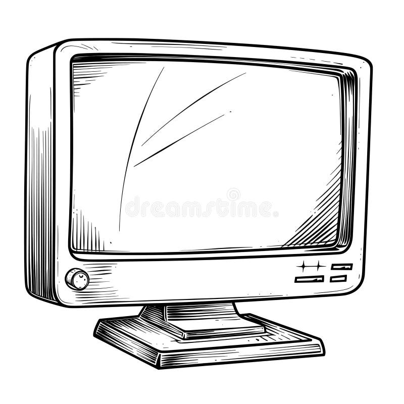 Featuring Empty Computer Monitor in Line Art Style on White Background ...