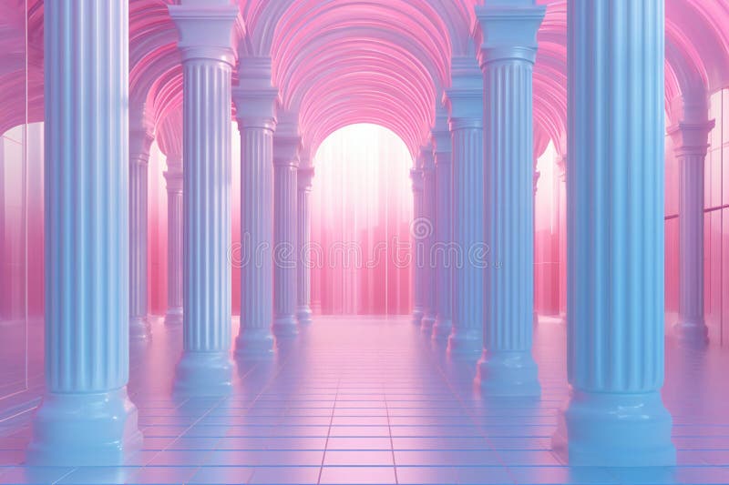 Illustration of an Empty Corridor with Columns in Pink and Blue Stock ...