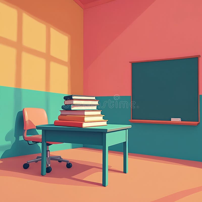 Illustration of Empty School Classroom with Stack of Books on Table ...
