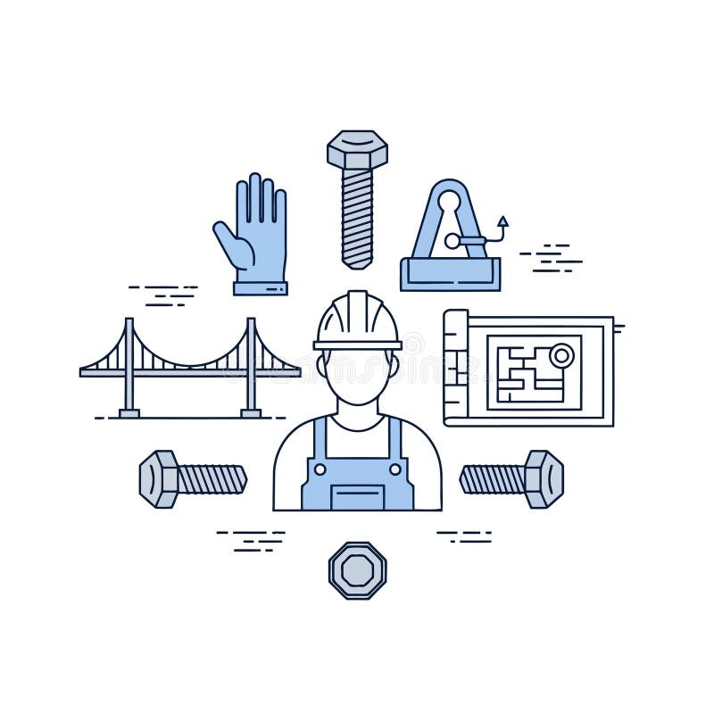 Illustration of Engineering and Construction Elements, Showcasing Blueprints, Tools, and Safety ...