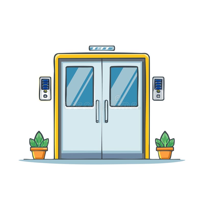 Illustration of Entrance Double Doors with Security Access Pads and Plants in Pots Stock Vector ...