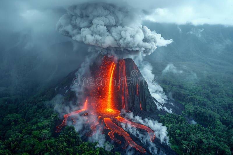 Illustration of Erupting Volcano, Centered in Frame, Glowing Red and ...