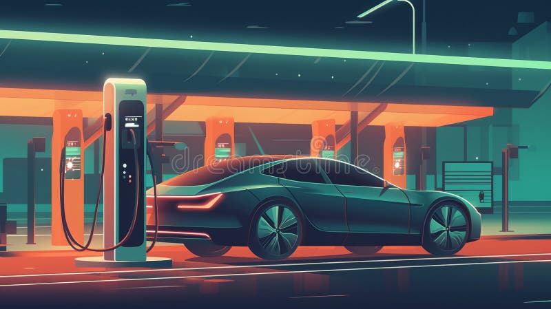 Illustration of EV Electric Car Plugged Charging. Generative AI Stock ...