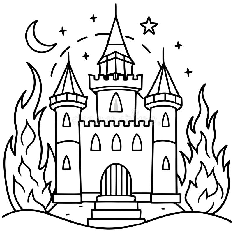 Illustration of an Evil Castle. Nighttime with Fire Stock Vector ...