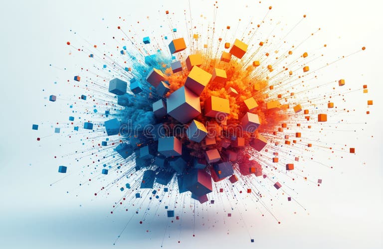 Illustration Exploding Cube Data Network in Blue, Orange on White Background. Modern Graphic ...