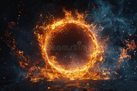 An Illustration of an Exploding Fire Ring on Black Background, Creating ...