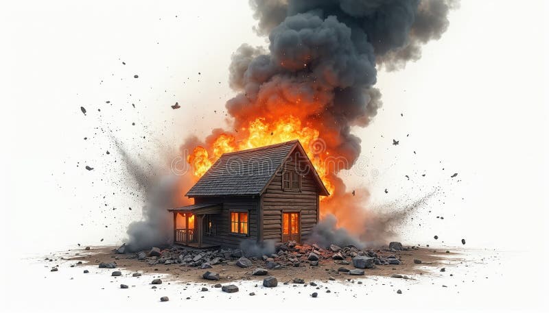 Illustration of Exploding House on White Background. Flames, Smoke ...