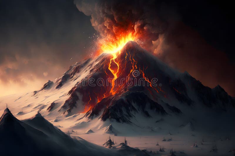 Illustration of an Exploding Volcano in a Snowy Mountains Scenery Stock ...