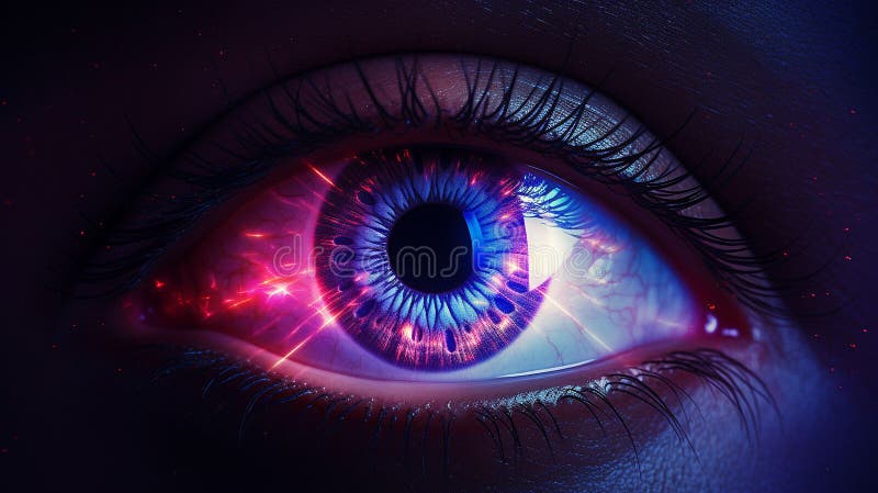 Illustration. an Eye with Neon Rays Glowing in it Stock Image - Image ...