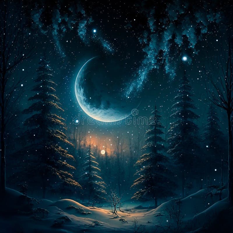 Illustration of a Fabulous Winter Night in the Forest Stock ...
